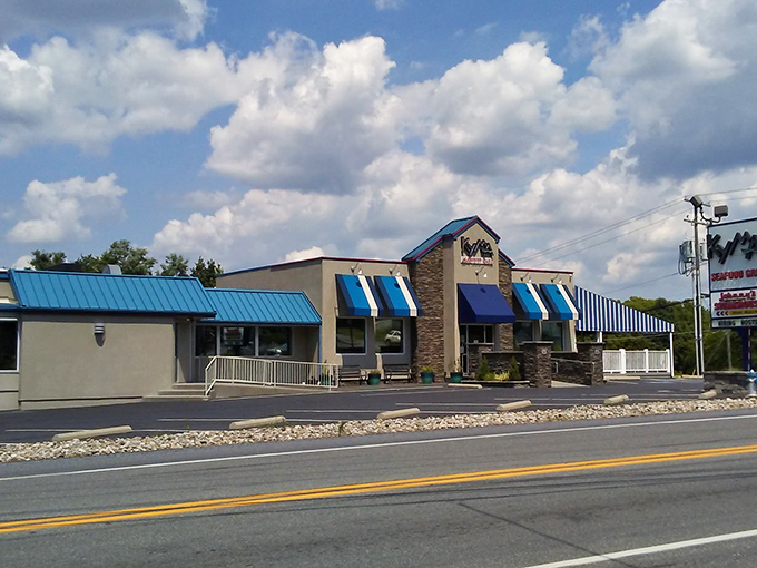 The blue awnings of Kyma Seafood stand out like a Mediterranean mirage in Stevens, Pennsylvania—a coastal oasis in Amish country.