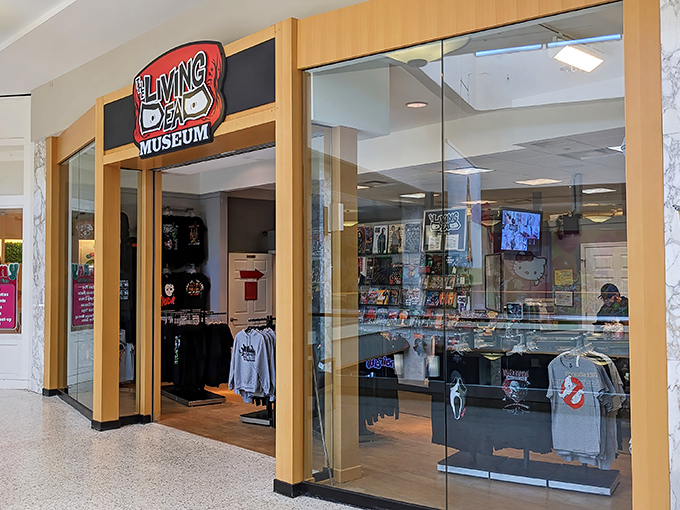 The storefront beckons horror fans with its iconic logo—those zombie eyes practically dare you to enter this undead paradise.