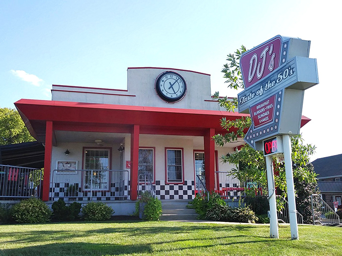 The classic red-trimmed exterior of DJ's Taste of the 50's stands like a time machine in Lancaster, beckoning hungry travelers to step back into a simpler, more delicious era.