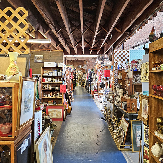 Treasure hunters paradise! Long aisles flanked by wooden shelves create the perfect labyrinth for discovering forgotten gems and memories waiting to be reclaimed.