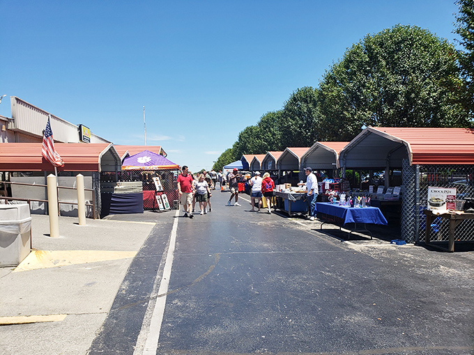 The outdoor section at Great Smokies Flea Market is where treasure hunting begins—colorful umbrellas shield vintage furniture and collectibles from the Tennessee sun.