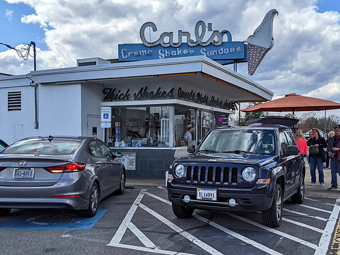 The Art Deco façade of Carl's isn't trying to be retro-cool—it just never stopped being what it always was. A time capsule of mid-century Americana serving frozen perfection.