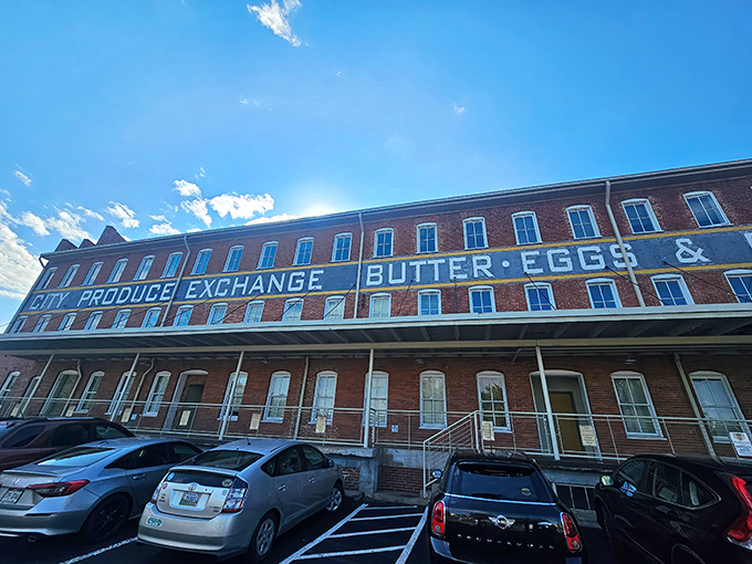 History meets hunger at the City Produce Exchange building, where "BUTTER•EGGS" signage reminds you of simpler times while promising sophisticated flavors inside.