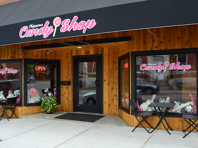 The wooden facade and pink neon sign of Chippewa Candy Shop beckon like a sweet siren call to your inner child.