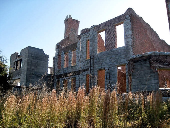 Nature slowly reclaims what humans built, creating a hauntingly beautiful tableau where brick and stone meet wild grasses under the Georgia sky.