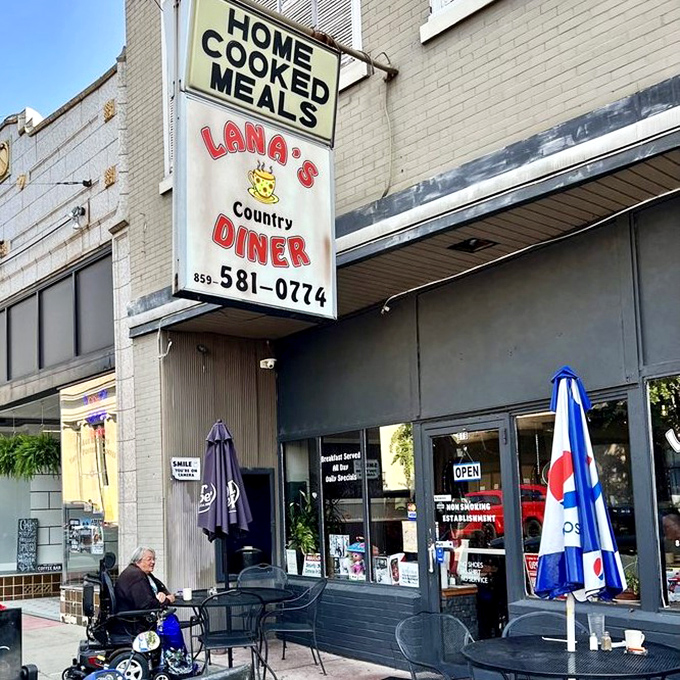 The classic "HOME COOKED MEALS" sign beckons like an old friend. Lana's outdoor seating area offers the perfect perch for people-watching while savoring breakfast perfection.