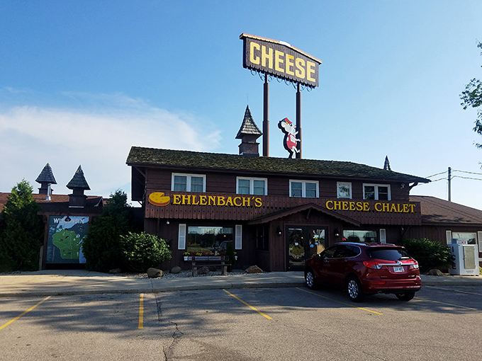 The Swiss chalet architecture isn't just for show—it's a promise of the alpine cheese treasures waiting inside this roadside dairy paradise.