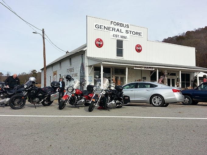 The classic Americana façade of Forbus General Store stands proudly since 1892, with vintage cars completing a scene Norman Rockwell would have rushed to paint.