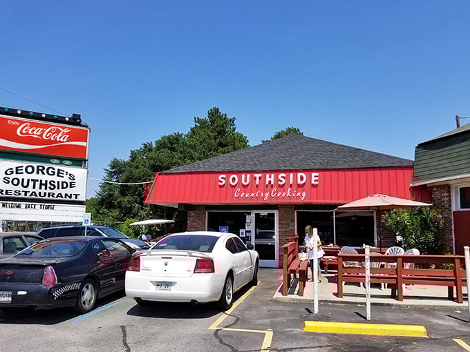 The bright red awning of George's Southside Restaurant stands like a beacon of hope for hungry travelers in Cayce. Southern comfort food paradise awaits!