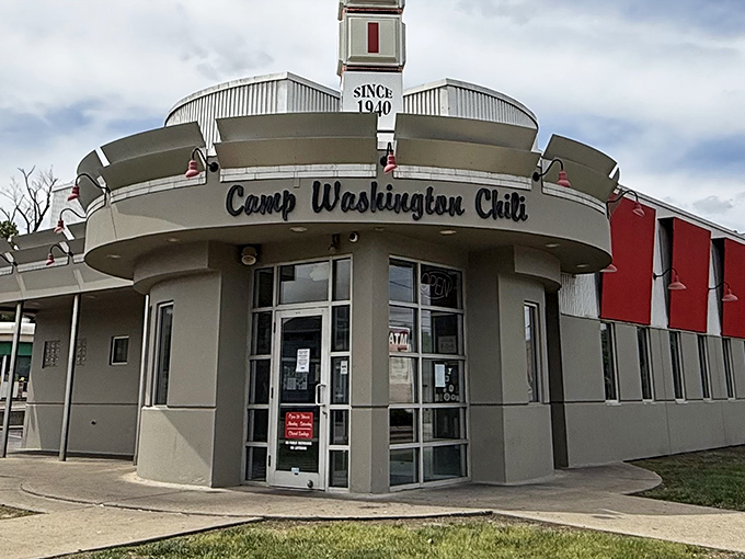 The iconic Art Deco façade of Camp Washington Chili stands like a beacon for hungry travelers, its vertical "CHILI" sign a Cincinnati landmark since 1940.