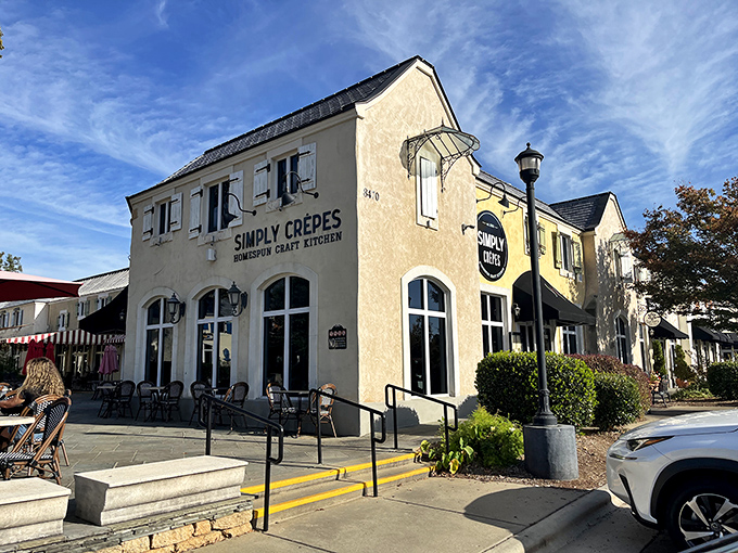 Simply Crêpes' stucco exterior and charming European-inspired architecture makes you feel like you've stumbled upon a café in a French village rather than North Raleigh.