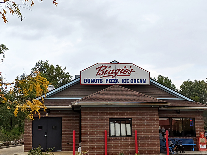 The unassuming brick exterior of Biagio's promises three simple pleasures that somehow make perfect sense together: donuts, pizza, and ice cream.