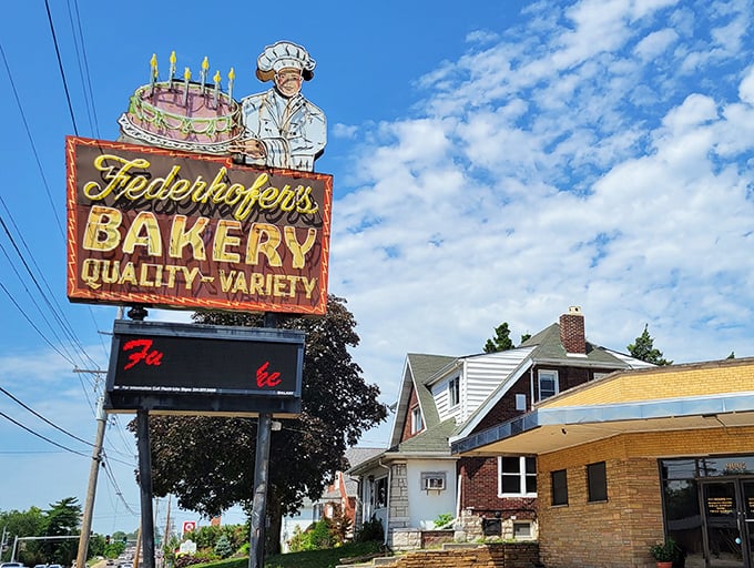 That vintage sign with the chef holding a birthday cake isn't just advertising – it's a St. Louis landmark promising sweet salvation ahead.