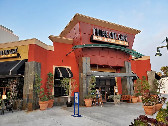 Prime Cut Café's welcoming exterior promises serious steakhouse business with a side of Orange County charm.