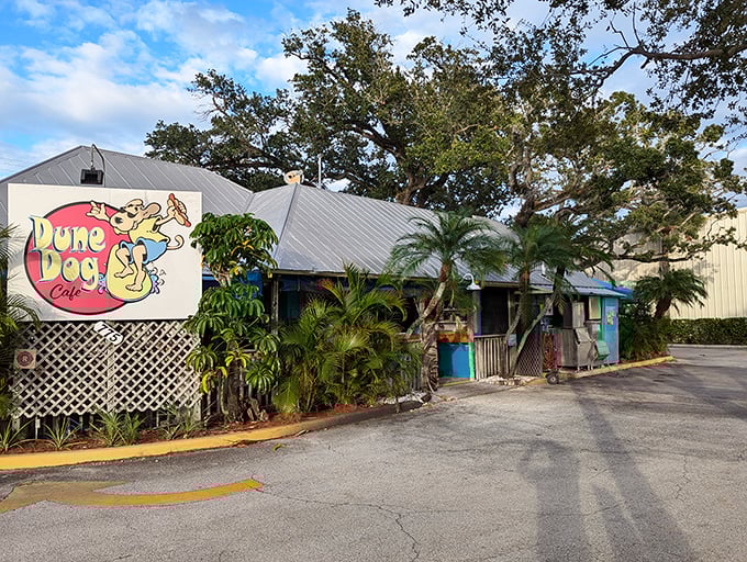 The surfing dog on the sign says it all – this Jupiter gem is where beach vibes and comfort food create the perfect Florida escape.