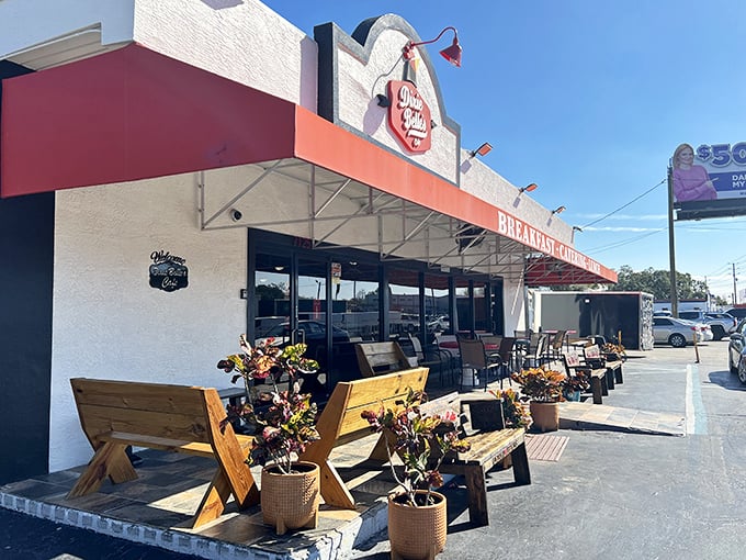 Dixie Belle's unassuming exterior hides culinary treasures within. Those wooden benches aren't just for show—they're recovery zones for post-biscuit bliss.