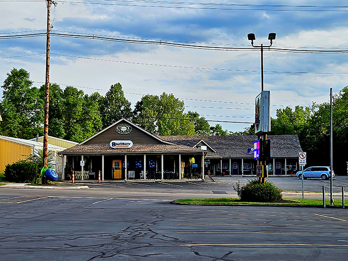 The unassuming exterior of The Blue Berry Café might fool you, but those filled parking spots tell the real story—breakfast treasures await inside this Bellbrook gem.
