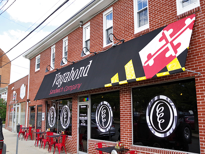 The Maryland flag-adorned awning isn't just patriotic flair—it's your first clue that local pride and serious sandwich craftsmanship await inside.