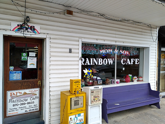 The rainbow sign beckons like a promise – this unassuming stone facade in Mountain View hides culinary treasures worth discovering. 