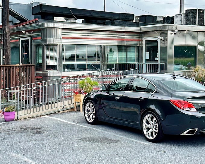 Classic Americana shines in this gleaming silver diner exterior. Route 30's chrome façade isn't just nostalgic window dressing—it's a time portal to when roadside meals meant something.