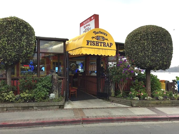 The colorful exterior of Barbara's Fishtrap stands like a cheerful sentinel by the sea, its bright orange and blue façade promising seafood treasures within.