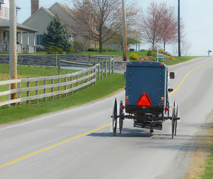 The classic Amish buggy against a church backdrop isn't just transportation—it's a moving postcard of a simpler time that somehow feels right at home in 2023.