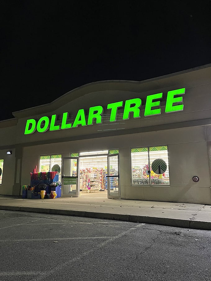 The iconic green glow of Dollar Tree's sign beckons bargain hunters like a budget-friendly lighthouse on the shores of Somersworth.