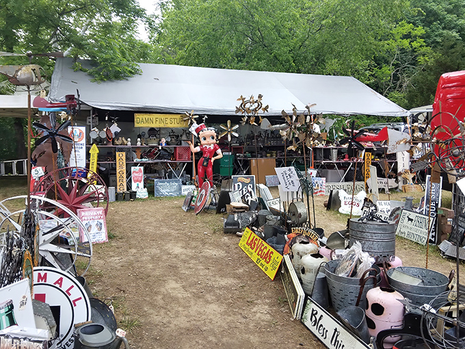 A treasure hunter's paradise where one sign boldly proclaims "DAMN FINE STUFF" – truth in advertising at its finest! Metal sculptures and vintage finds create an irresistible maze of possibilities.