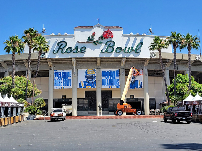 The iconic Rose Bowl sign welcomes treasure hunters to what might be the holy grail of flea markets. Those palm trees aren't just for show—they're witnesses to decades of haggling.