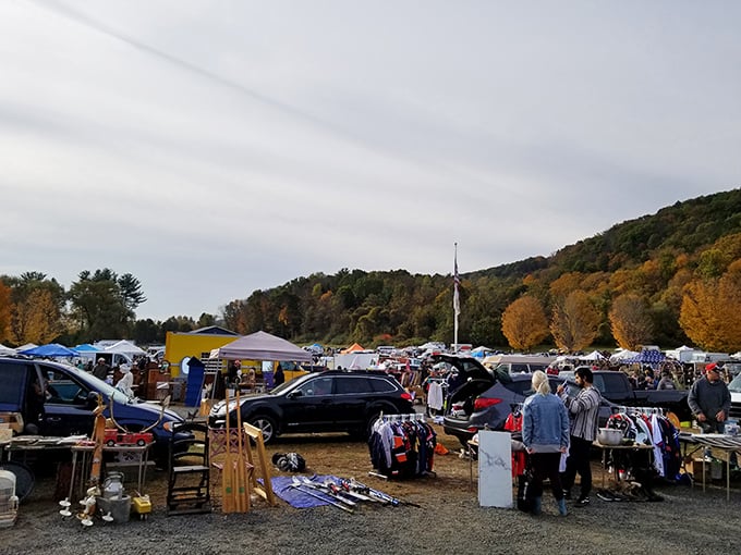 Treasure hunters navigate the bustling aisles on a perfect New England morning. The thrill of the hunt is palpable in the autumn air.
