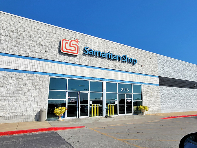 The blue sky seems to be celebrating the Samaritan Shop's existence just as much as bargain hunters do. A thrifter's paradise awaits.