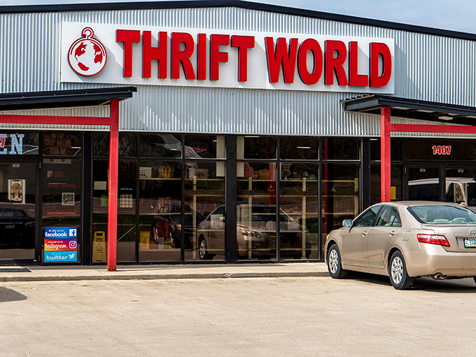 The unassuming exterior of Thrift World belies the treasure trove within. Like a Vegas casino, what happens inside defies all retail logic.