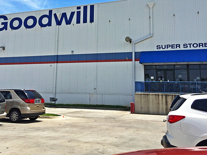 The unassuming exterior of Oklahoma City's Goodwill Outlet Store - where bargain hunters find treasures by the pound and wallets breathe sighs of relief.