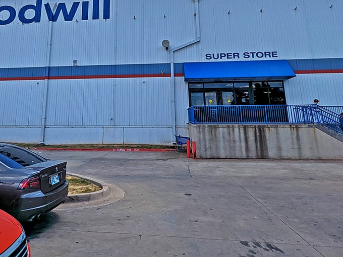 The unassuming exterior of Oklahoma City's Goodwill Outlet Store - where bargain hunters find treasures by the pound and wallets breathe sighs of relief.