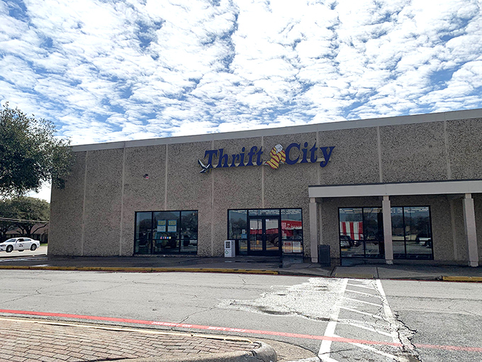 The unassuming exterior of Thrift City belies the treasure trove within—like finding a gourmet meal at what looks like a fast-food joint from the outside.