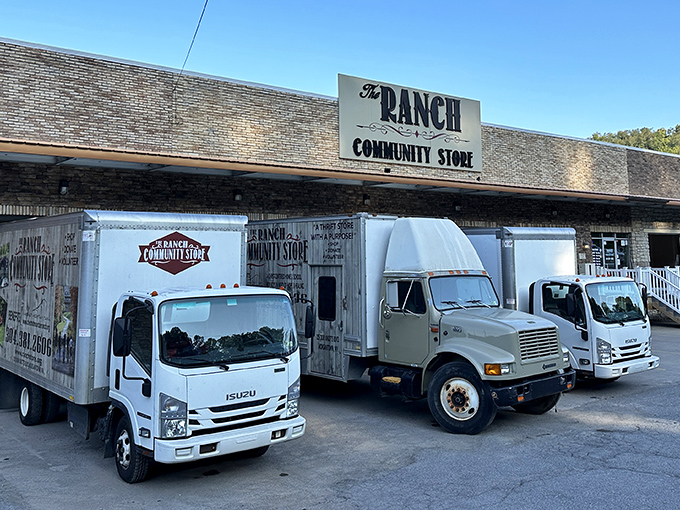 The fleet of delivery trucks outside The Ranch Community Store looks like Santa's workshop relocated to Morgantown. Treasure hunting begins here!