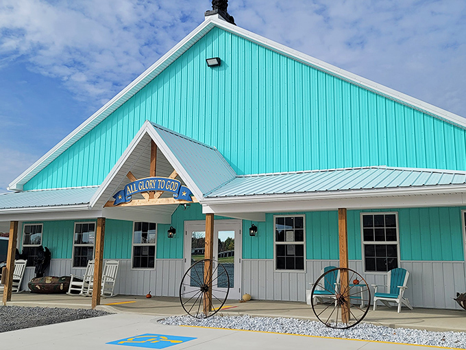The turquoise beacon of Land Lion Antique Mall stands out against the Ohio sky like a vintage-lover's North Star, guiding treasure hunters to their destination.