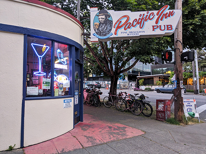 The unassuming corner facade of Pacific Inn Pub hides Seattle's worst-kept secret. That vintage sign has been guiding fish and chips pilgrims for generations.