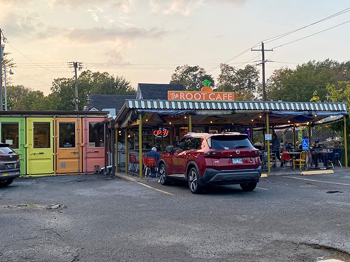 The Root Cafe's colorful shipping container exterior is like a Wes Anderson film set that happens to serve incredible breakfast.