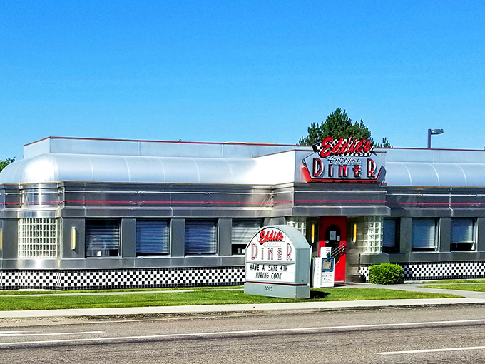 The gleaming silver exterior of Candy's Cafe screams "classic Americana" – this time-traveling diner promises a nostalgic feast before you even step inside.
