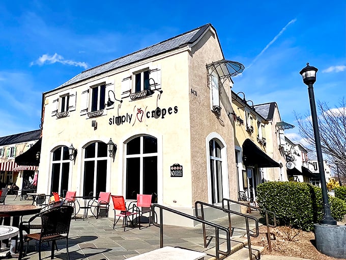 Simply Crêpes' stucco exterior and charming European-inspired architecture makes you feel like you've stumbled upon a café in a French village rather than North Raleigh.