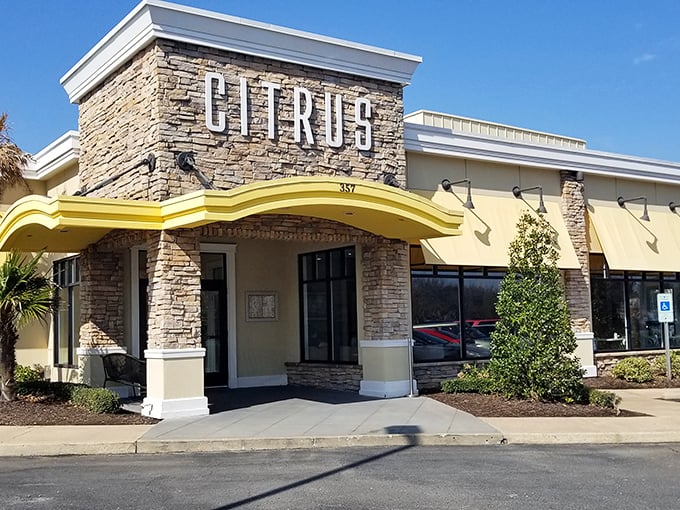 Citrus welcomes hungry visitors with its distinctive stone facade and cheerful yellow awning—like sunshine beckoning you to breakfast paradise.