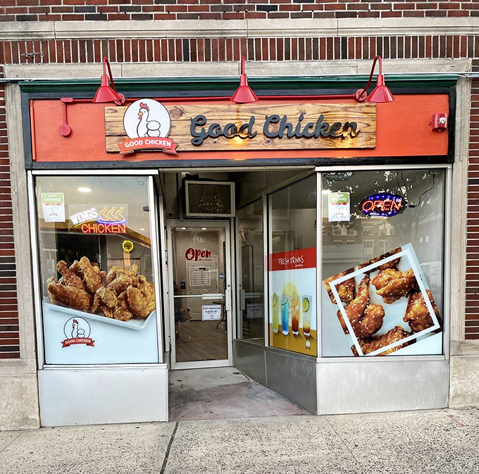 The bright red storefront of Good Chicken beckons like a lighthouse for the hungry, promising crispy salvation on Bloomfield Avenue in Montclair.