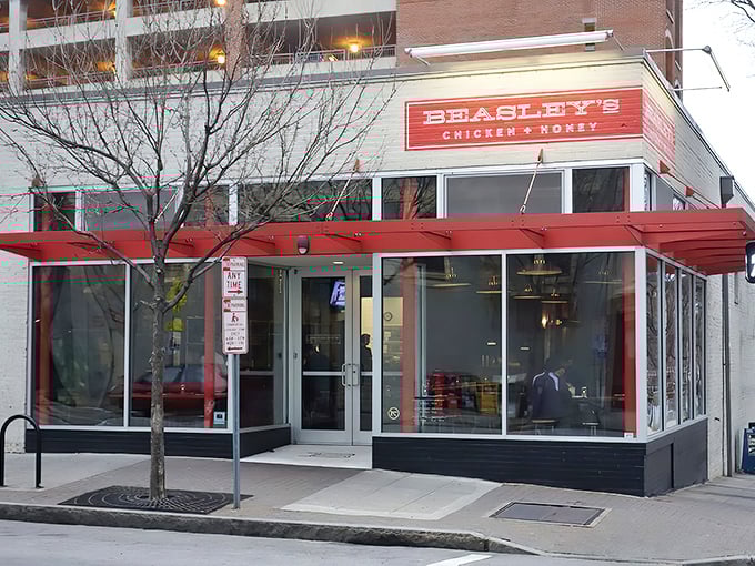 The iconic red signage against white brick announces your arrival at Beasley's – like a beacon calling all fried chicken pilgrims home.