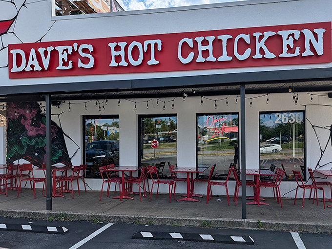 The neon glow of Dave's Hot Chicken beckons heat-seekers like a spicy lighthouse guiding hungry sailors home to crispy, fiery salvation.