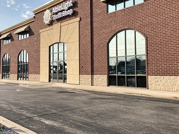 The brick facade with its sunburst logo promises treasure hunting adventures within. Wisconsin thrifters know this Appleton landmark means serious bargain business.