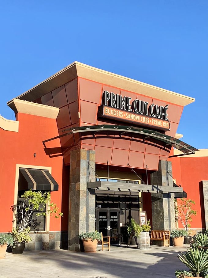 Prime Cut Café's welcoming exterior promises serious steakhouse business with a side of Orange County charm.