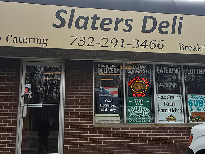 The unassuming brick façade of Slater's Deli hides culinary treasures within, like finding a Michelin star behind a convenience store sign.