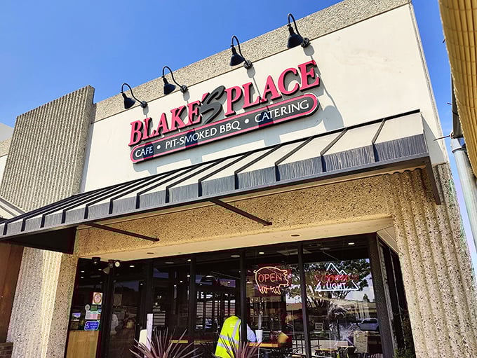 Blake's Place stands proud with rustic charm that whispers "serious barbecue happens here, folks."