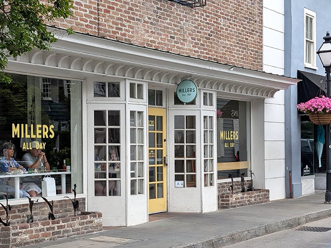 A glimpse of paradise through paned windows—Millers All Day's inviting exterior promises breakfast bliss behind that cheerful yellow door.